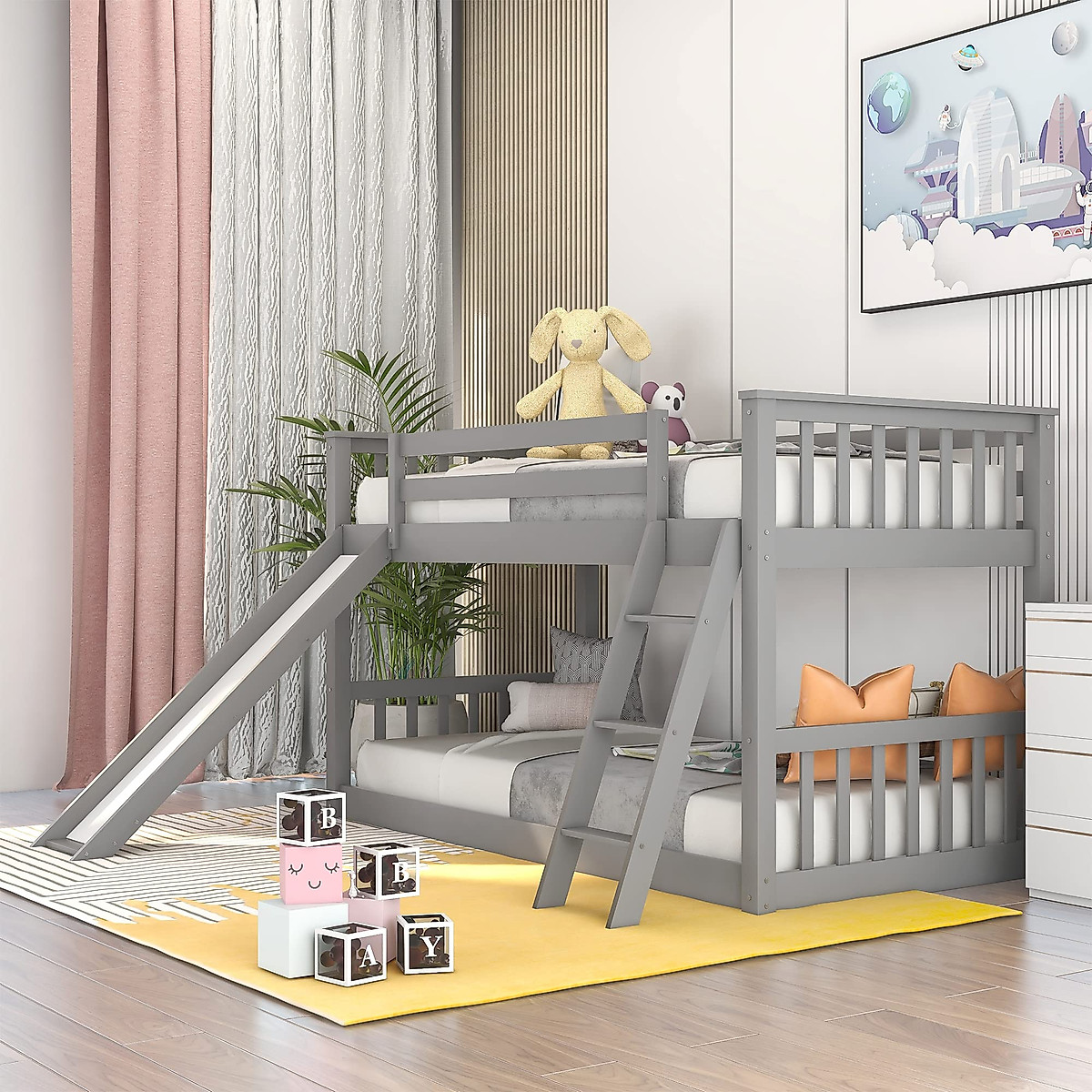 Harper & Bright Designs Bunk Bed Twin Over Twin,Wooden Twin Bunk Bed with Slide & Angled Ladder, Low Profile Toddler Bunk Beds for Kids, Floor Bunk Beds for Girls Boys,Grey