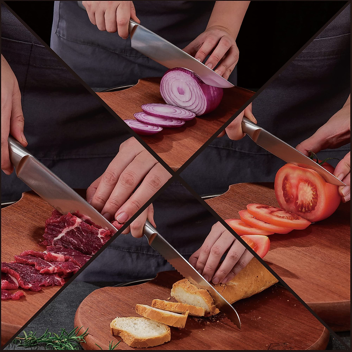 Kitchen Knife Set, Hanmaster 13 Pieces Stainless Steel Knife Sets for Kitchen with Block, Acacia Wood Knife Block Set with Sharpener, Gift Box Packed, Silver.