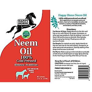 Happy Horse Neem Oil, 100% Cold Pressed and Unrefined, Cosmetic Grade, Add to Horse Fly Spray, 12oz