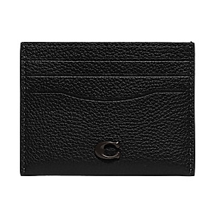 Coach Flat Card Case in Pebble Leather W/Sculpted C Hardware Branding, Black, One Size