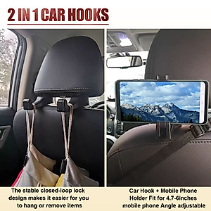 2 In 1 Car Seat Hooks for Purses and Bags with Phone Holder, 360 Degrees Rotation Headrest Hooks, Car Headrest Hidden Hook, Universal Car Headrest Storage Organizer Hanger Hook, Red