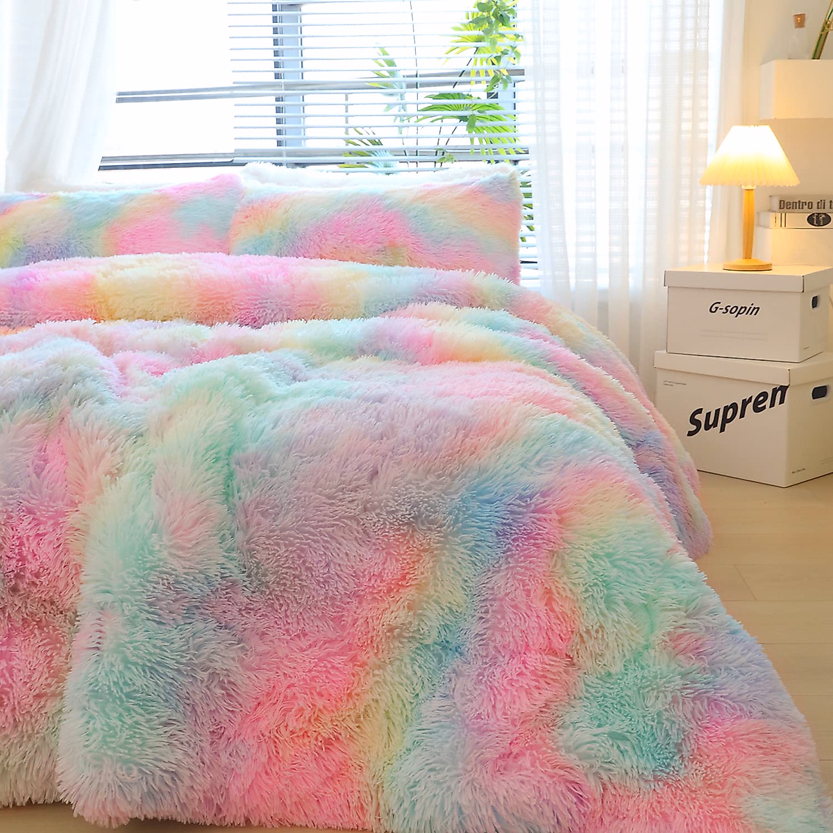 chovy Kids Girls Faux Fur Rainbow Comforter Sets Twin/Full - 3PC Bed Set Soft Warm Comfortable Classical Rabbit Plush Velvet Flannel Fluffy Fuzzy Bedding（Comforter x 1 Pillowcases x 2）