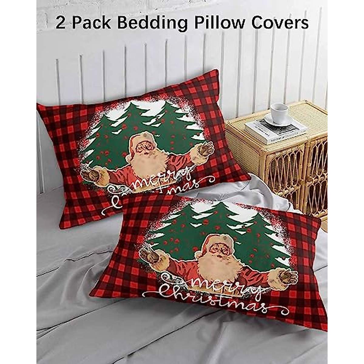 Standard Size Pillowcases Merry Christmas Pillow Case Set of 2, Soft Throw Pillow Covers with Envelope Closure Decorative Bed Pillow Shams for Bedroom Sofa Couch Santa Claus Xmas Tree Red Plaid