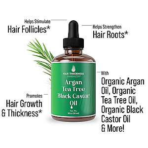 Argan + Tea Tree Oil + Black Castor Oil For Hair Growth. Vegan Thickening, Moisturizing, Strengthening Stay In Conditioner Oil For Women, Men. A Scalp Serum Treatment For Weak, Frizzy, Dry Hair 1oz