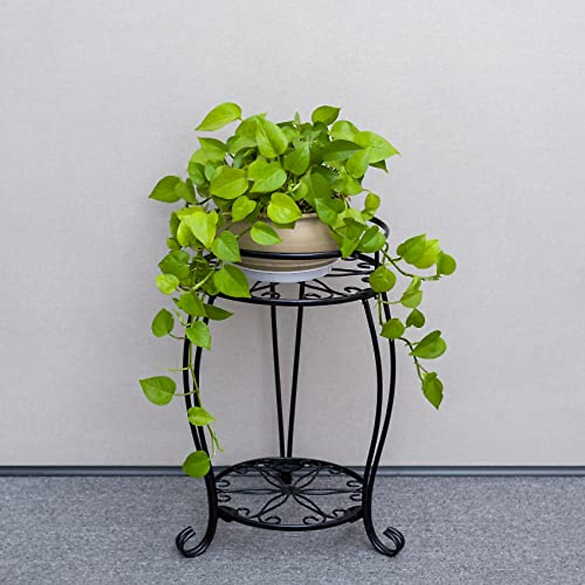 FaithLand Plant Stand, Heavy Duty Metal Planter Holder Indoor Outdoor, 2 Tier Round Potted Supports Rack, Corner Display Shelf Black