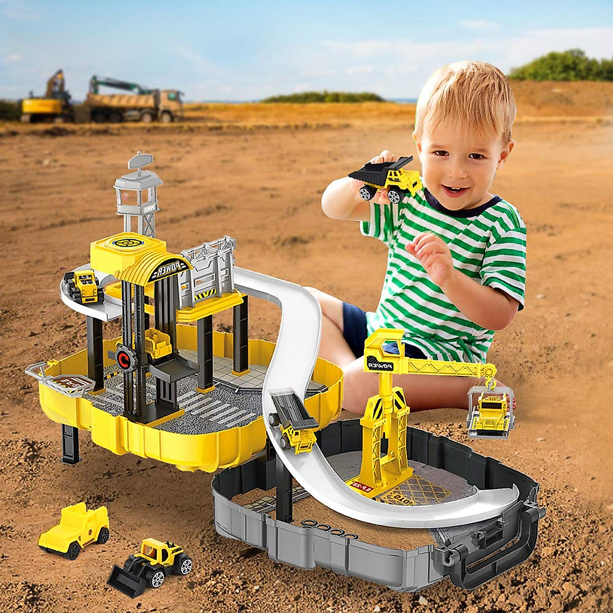 Siairo Construction Race Car Toy for Kids - Construction Race Truck with Crane, Helicopter, Bulldozer, Excavator Toy Backpack for 3 4 5 Year Old Boys & Toddlers