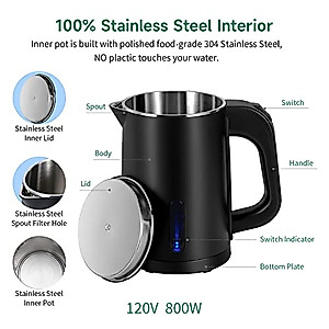 0.8L Small Portable Electric Kettles for Boiling Water, Mini Stainless Steel Travel Kettle, Portable Mini Hot Water Boiler Heater, Quiet Fast Boil with Boil-Dry Protection (Black)