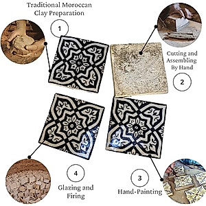Painted Black White Ceramic Tile 4x4 - Moroccan Hand Painted Square Tile Zellige for Kitchen Backsplash, Outdoor/Indoor Tiles Bathroom or Shower Tile, Handmade Ceramic Traditional Tile (20 Tiles)
