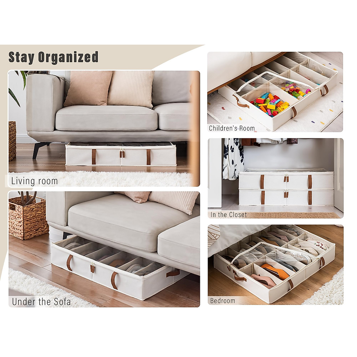 StorageWorks Under Bed Shoe Storage Organizer, Underbed Shoes Container with Adjustable Dividers, Shoe Storage Basket with Cover, Beige, 2-Pack, Space-Saving Shoe Box Fits up to 24 Pairs