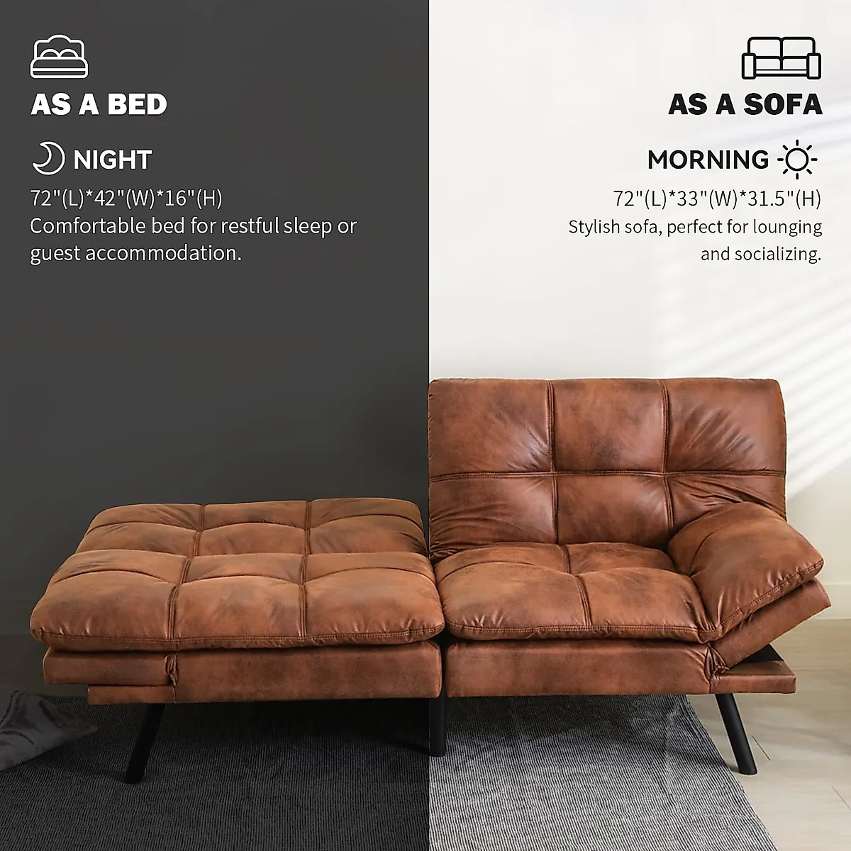 Hcore Convertible Futon Sofa Couch,3” Memory Foam Splitback Sofa,Brown Faux Leather Memory Foam Loveseat,Small Euro Lounger Sofa for Compact Living Spaces,Apartment,Studio,Office/Cushion Thickening