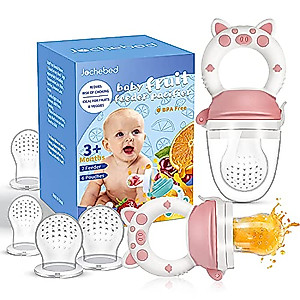 Baby Fruit Food Feeder Pacifier - Fresh Teething Pacifiers, Infant Fruit Teething Teether Toy for 3-24 Months, 6 Pcs Silicone Pouches for Toddlers & Kids & Babies, Piggy Handle 2-Pack (Pink)