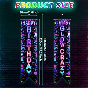 Tegeme Glow in the Dark Party Supplies Neon Happy Birthday Banner Crazy Porch Sign Glow Party Backdrop for Black Light Neon Themed Birthday Party Decorations