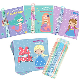Valentines Day Gifts for Kids - Valentines Day Cards for Kids - Mermaid Princess Valentine Card Bubble Wands 24 Pack - Valentine's Day Bubbles Party Favors Toys for Girls School Classroom Exchange