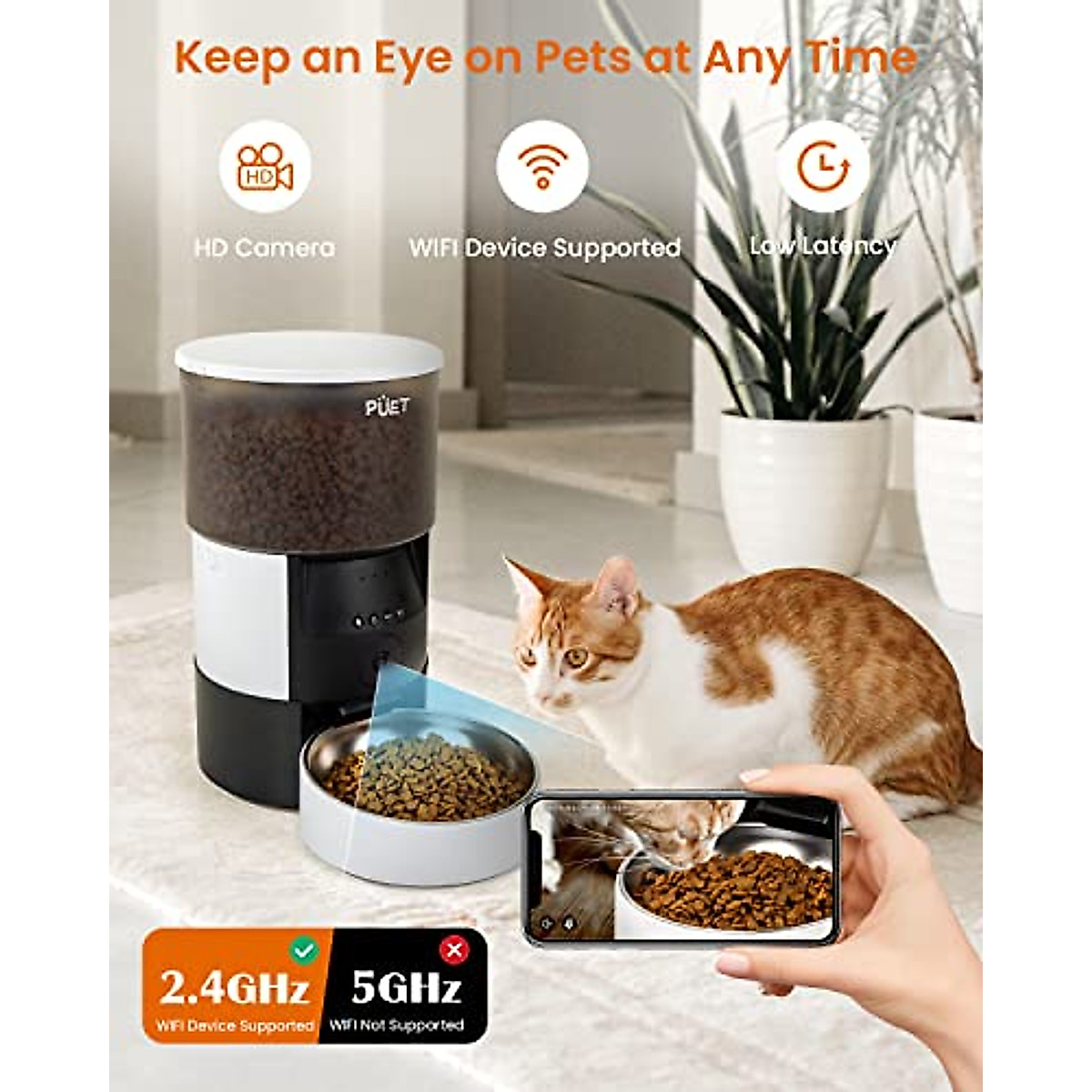 PUET Automatic Cat Feeder with Camera, Timer Voice 1080P HD Video Recording, Height Adjustable 3L WiFi Pet Feeder with 2-Way Audio, Programmable Dog Food Dispenser 1-8 Meal Per Day