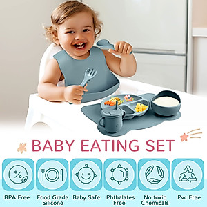 8 Pack Baby Feeding Eating Supplies Silicone Suction Divided Plate Baby Bibs Suction Bowl Silicone Placemat Silicone Spoon and Fork Silicone Cup with Straw Baby Tableware Set for Toddler (Dusty Blue)
