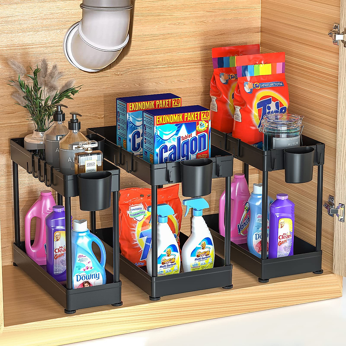 Mifine 3 Pack Under Sink Organizers and Storage, 2-Tier Organizer with 12 Hooks and 3 Hanging Cups, Sturdy Multi-Purpose Storage Baskets for Bathroom Kitchen Countertop Pantry Cabinets Laundry Room