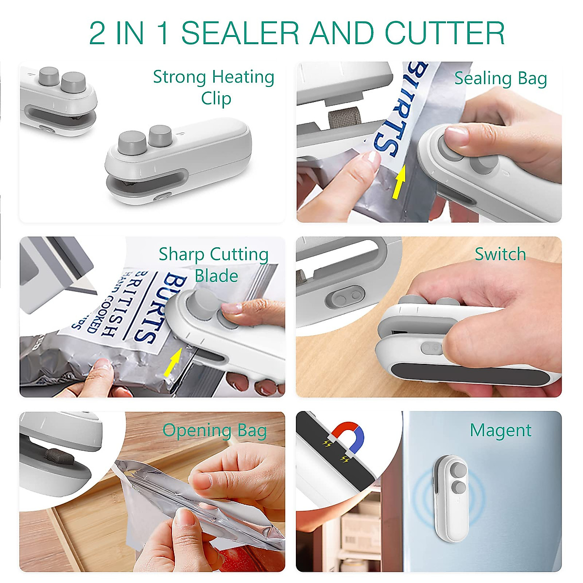 ORIA Mini Bag Sealer, (Upgraded) 2 in 1 Heat Sealer and Cutter, USB Rechargeable Handheld Heat Sealers, Portable Bag Resealer for Airtight Food Storage and Resealing Snack Bags, White