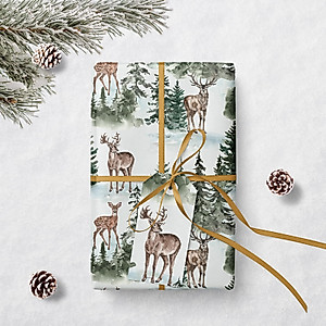 WRAPAHOLIC Kraft Christmas Wrapping Paper - Mini Roll - 17 Inch x 33 Feet - Watercolor Elk and Winter Forest Landscape Design for Christmas, Holiday, Party Celebration