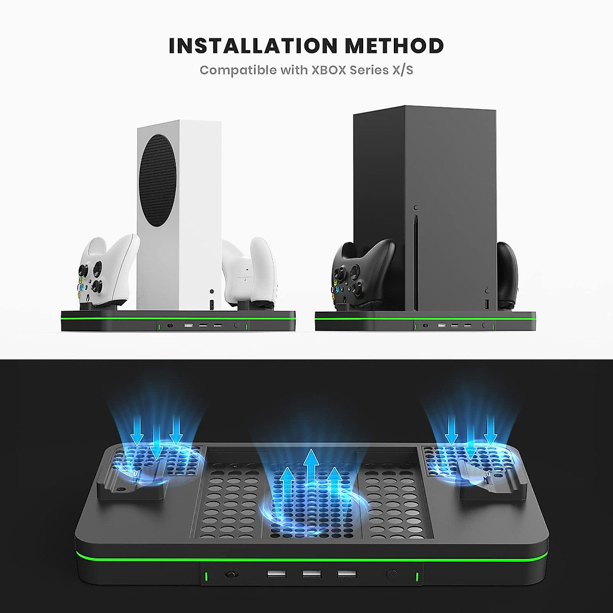 Charging Stand with Cooling Fan, CODOGOY Vertical Stand Compatible with Xbox Series X/S Console&Controller, Dual Controller Charger Station Dock with 3 USB Ports,2*1100 mAh Rechargeable Battery Packs