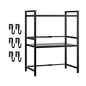 EPIPHQNY Kitchen Counter Microwave Oven Stand Expandable Shelf with Hooks Robust Carbon Steel Pots and Pans Storage Solution