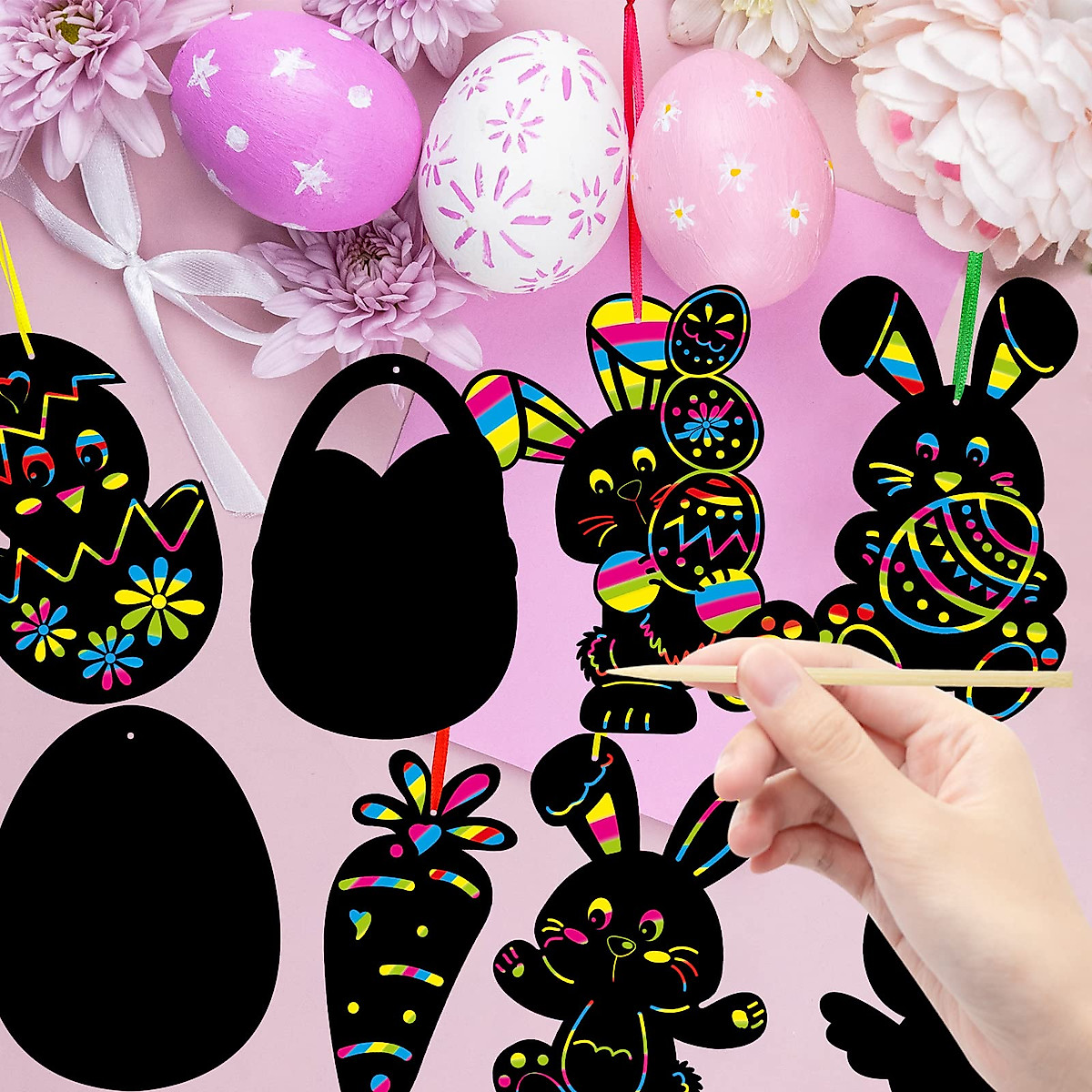 Fancy Land Easter Scratch Paper Rainbow Color Crafts Kit Ornaments for Kids Easter Basket Stuffers Party Favors 48Pcs