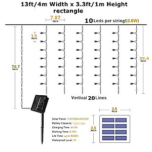 DBFairy Solar Curtain String Lights Outdoor, 13ft(L) x 3.3ft(H), 8 Mode, 200 LED,Solar Icicle Twinkle Lights for Home Garden Patio Camping Party Window Balcony Decoration - Waterproof,Dark Green-White