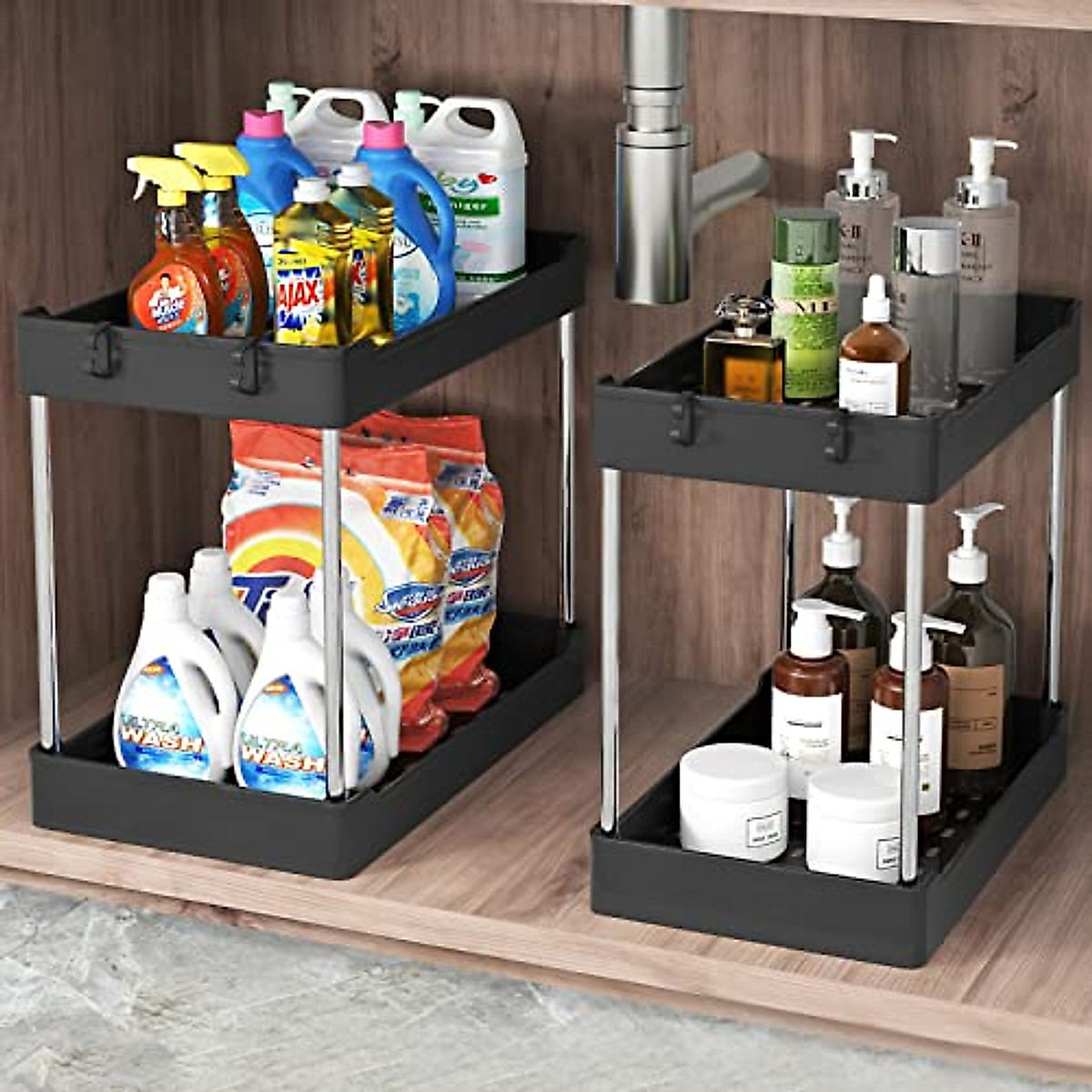 Tailide Under Sink Organizers and Storage (2 Pack), 2 Tier Bathroom Organizer Under Sink, Black Under Kitchen Sink Organizers and Storage, Cleaning Supplies Organizer, Counter Under Cabinet Storage
