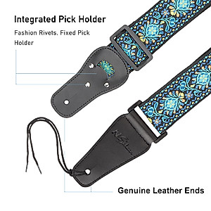NeuSchwan Adjustable Electric Guitar Strap/Acoustic Guitar Strap/Bass Strap-Cotton Jacquard Embroidered Genuine leather Ends Guitar Straps with 1 Pick Holder, Free Bonus 2 Silicone Strap Locks, Blue