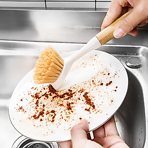 FunCee 2 Pack Kitchen Dish Brushes with Bamboo Handle, Dish Scrubber Built-in Scraper, Scrub Brush for Pans, Pots, Counter & Kitchen Sink Cleaning, Dishwashing and Cleaning Brush Tools, White