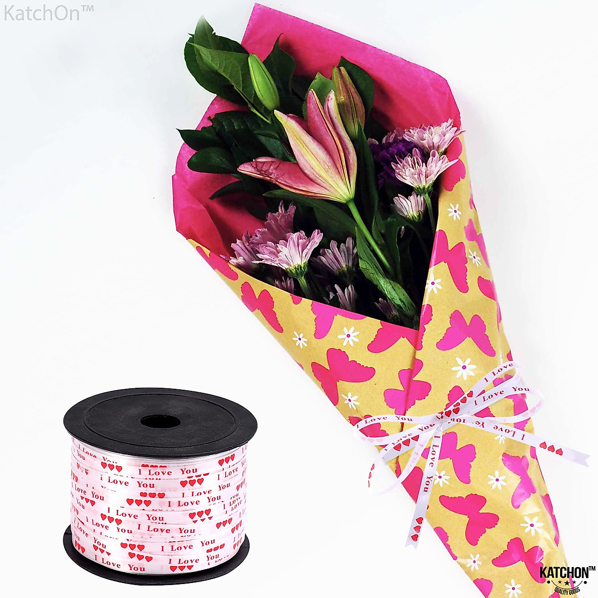 Valentine I Love You Ribbon Roll - 100 Yards, Red Heart Ribbon Wired | Red and White Valentine Ribbon for Gift Wrapping | Hearts Print Valentines Ribbon for Flower Crafts | Valentine Curling Ribbon