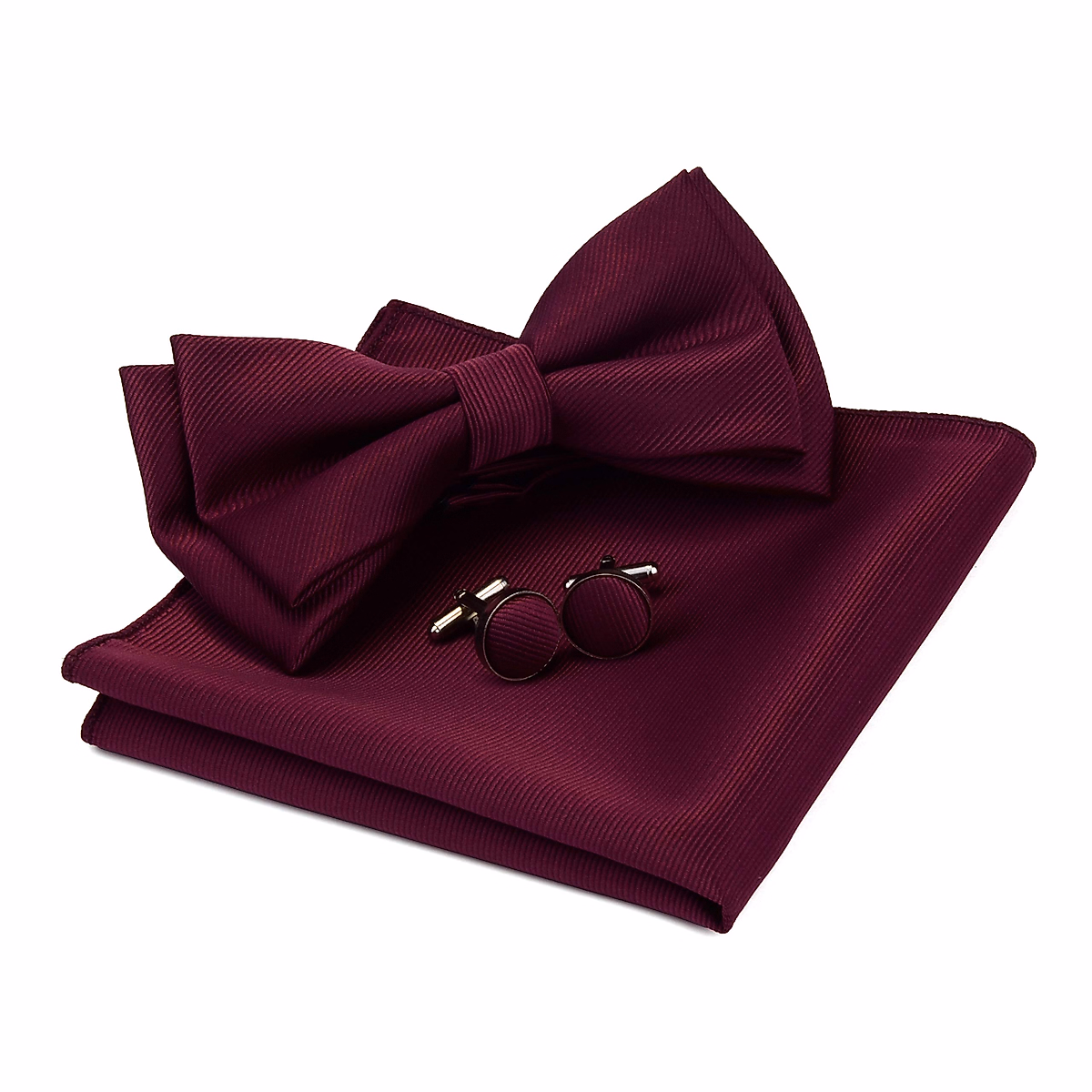 Burgundy Bow Tie Pre-tied Adjustable Wine Red Bow Ties and Pocket Square Cufflink Sets (0577-06)
