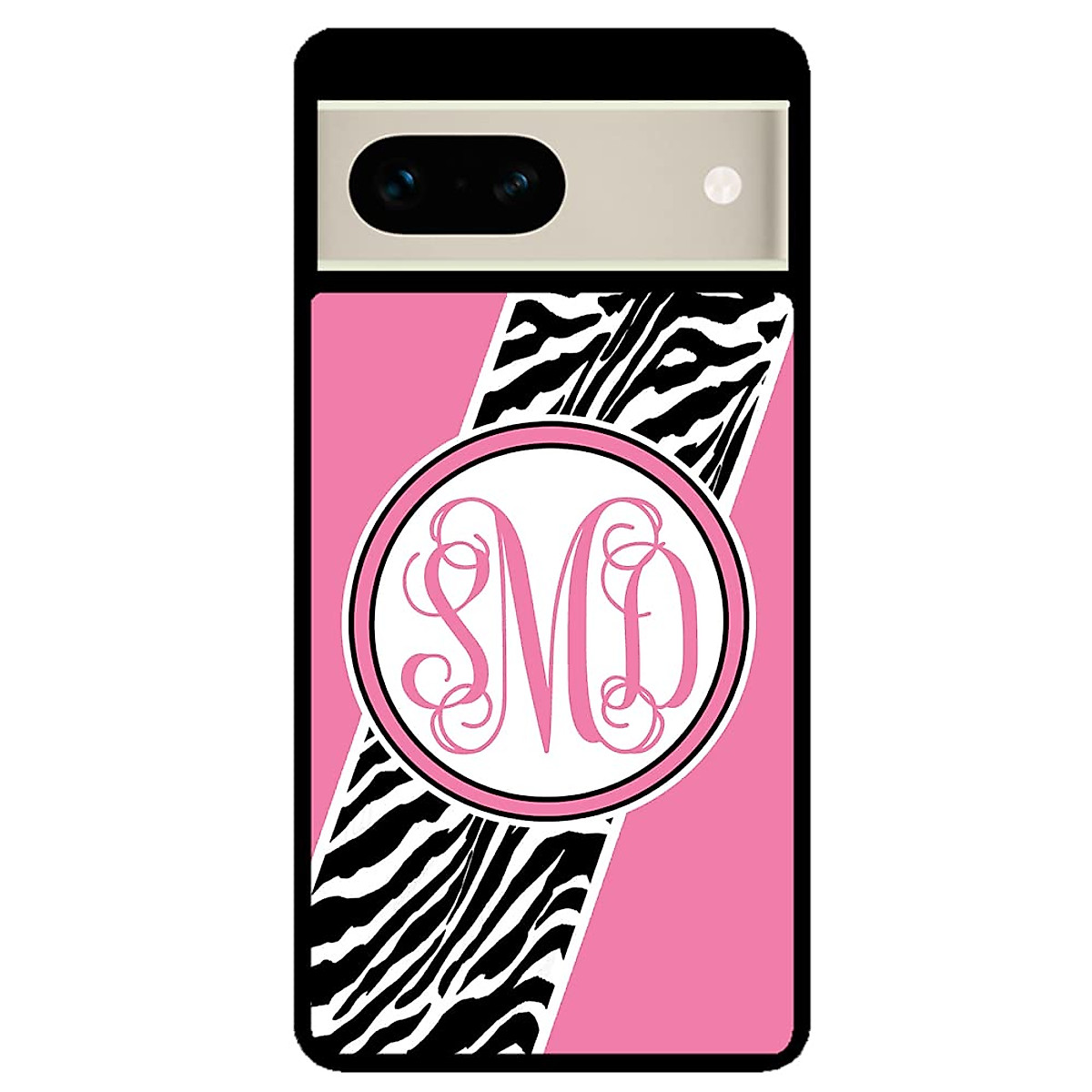 Zebra Animal Skin Pink Script Monogram Black Rubber Phone Case Compatible With Google Pixel 8 Pro, 8a, 8, 7a, 7, Pixel 7 Pro, 6a, Pixel 6 Pro, 6, 5, 4a 5G, 4a 4G, 4, 4 XL, 3a, 3a XL, 3, 3 XL, 2