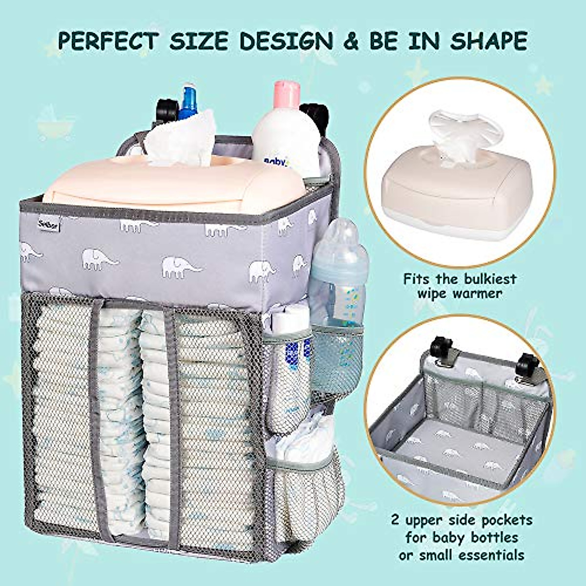 Hanging Nursery Organizer and Baby Diaper Caddy, Selbor Diapers Stacker Storage Bag for Changing Table, Crib, Playard or Wall - Nursery Organization & Baby Shower Gifts for Newborn (Elephant)