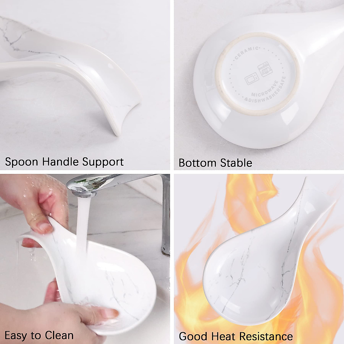 Spoon Rest for Stove Top, Ceramic Spoon Holder, Spoon Rest for Kitchen Counter, White Marble Coffee Spoon Rest, Heat-Resistant Cooking Utensil Rest for Ladles, Spatula, Tong, ANTIS'S HOME