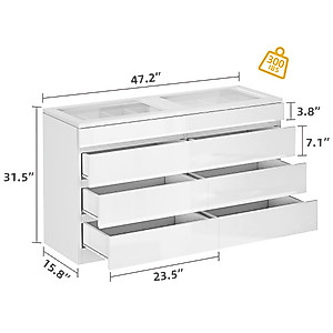 DWVO 8 Drawer Dresser with LED, White Dresser, Modern 8 Chest of Drawers with Deep Drawers Glass Top High Gloss Surface, Storage Organizer Cabinet for Living Room