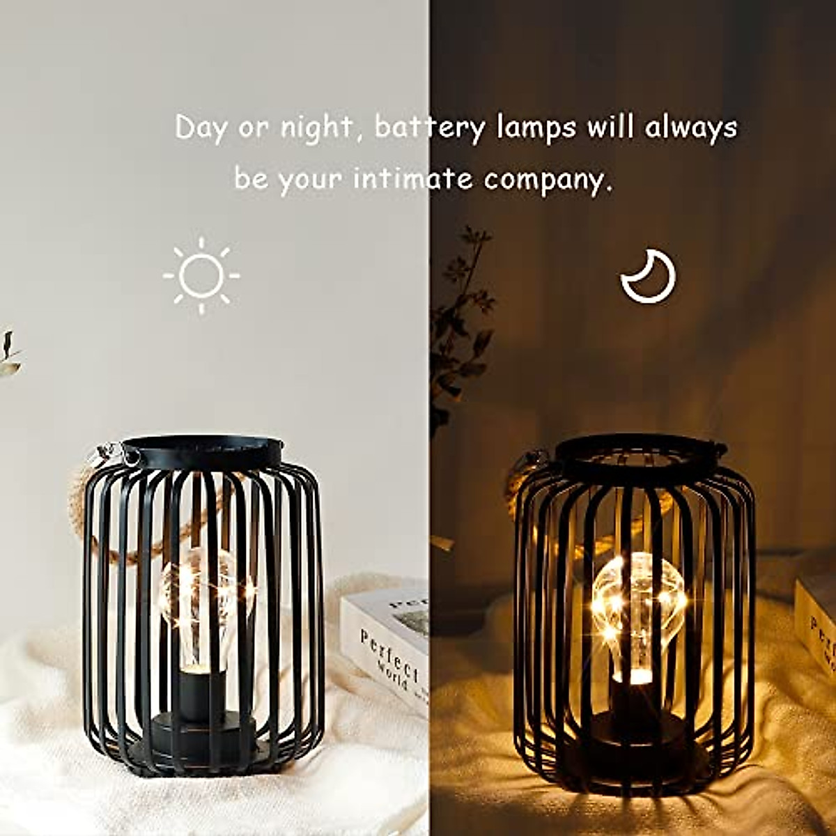 JHY DESIGN 7.5" High Metal Cage Decorative Lamp Battery Powered Cordless Warm White Light with LED Edison Style Bulb Great for Weddings Parties Patio Events Indoors Outdoors with Hemp Rope Handle