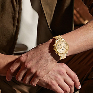 FANMIS Unisex Luxury Pave Floating Crystal Diamonds Calendar Quartz Watch with Stainless Steel Link Bracelet (B Gold)