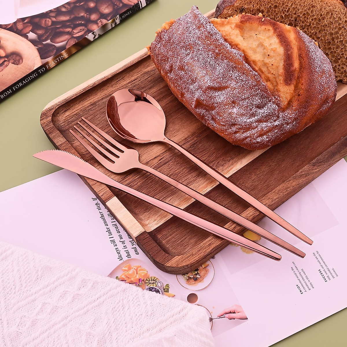 Uniturcky 62-Piece Rose Gold Flatware Set for 8 Stainless Steel Silverware Set with Steak Knives, Plus Reusable Metal Straws and Butter Knives, Party Tableware Cutlery Set, Mirror Polished