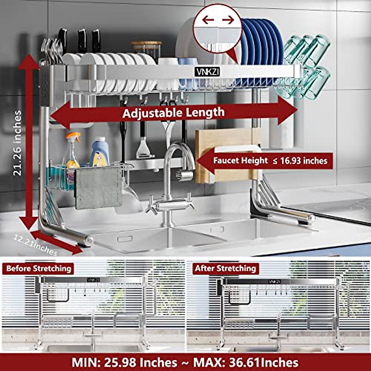 VNKZI Over Sink Dish Drying Rack, 2 Tier Full Stainless Steel Storage Adjustable Length (25.98''~36.61'') Kitchen Rack, Multifunctional Expandable Counter Organizer Shelf, Space Saver Dish Rack