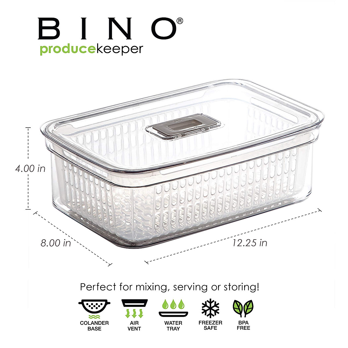 BINO | Produce Saver - 15.2 Cup/3.6L | Fridge Storage Containers for Fruits and Vegetables | Vegetable Storage with Adjustable Air Vent, Removable Basket | BPA-Free Fridge Organizers and Storage