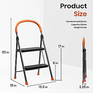 2 Step Ladder, Folding Metal Step Stool for Adults, Portable Steel Foldable Step Ladder for Heavy Duty, Wide Anti-Slip Pedal, Lightweight and Sturdy