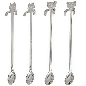 Maydahui 4PCS Cat Spoon Bear Coffee Tea Spoon Long Handle 7.8 inch 18/10（304）Stainless Steel Hanging Coffe Mixing Cocktail Stirring Animal Spoons Scoops for Mug