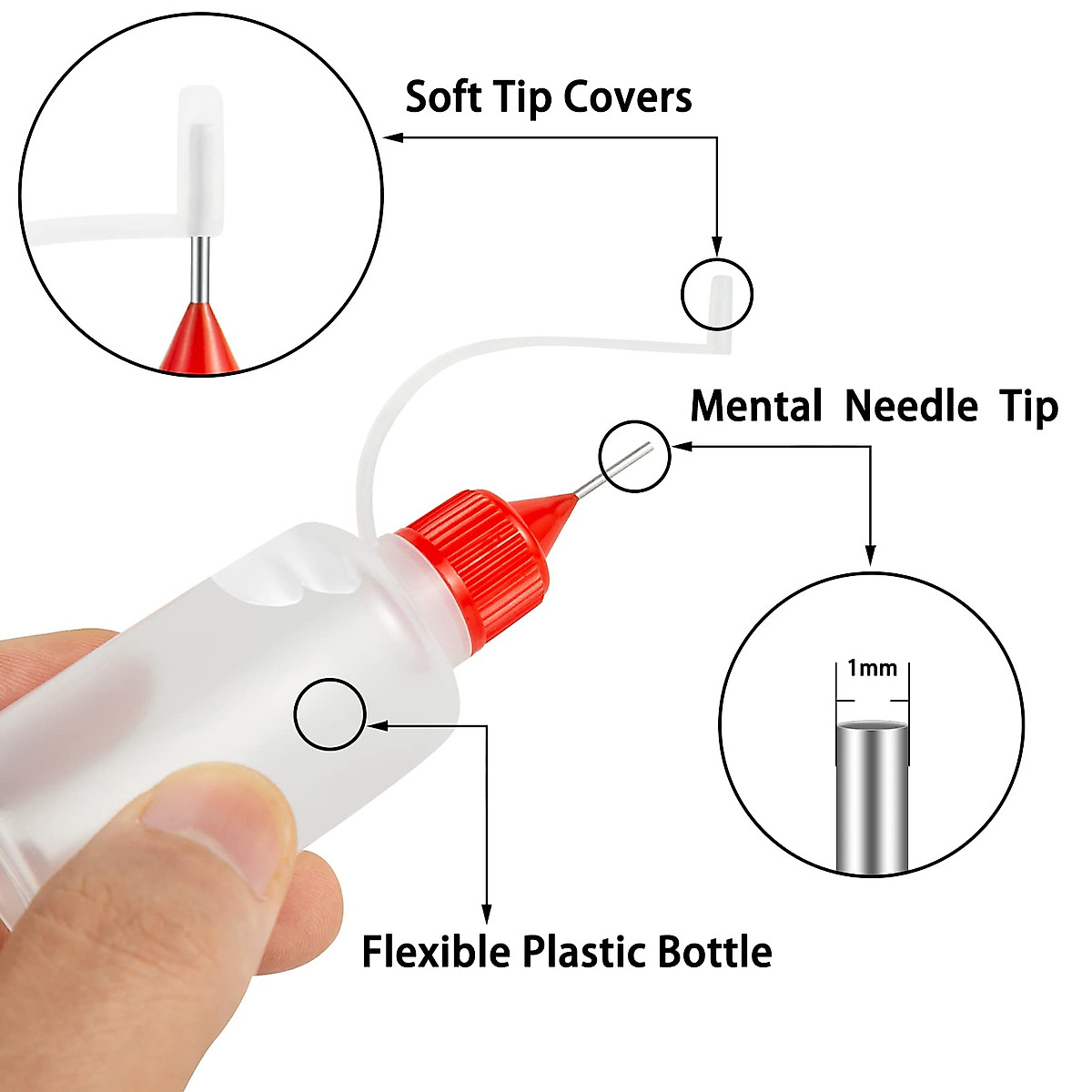 YEAJOIN 18PCS Precision Needle Tip Glue Applicator Bottles, 6 Color 30ML/1 OZ Fine Needle Tip Squeeze Bottle with Mini Funnel for DIY Paint Paper Quilling Craft Glue Ink Liquid Acrylic Painting