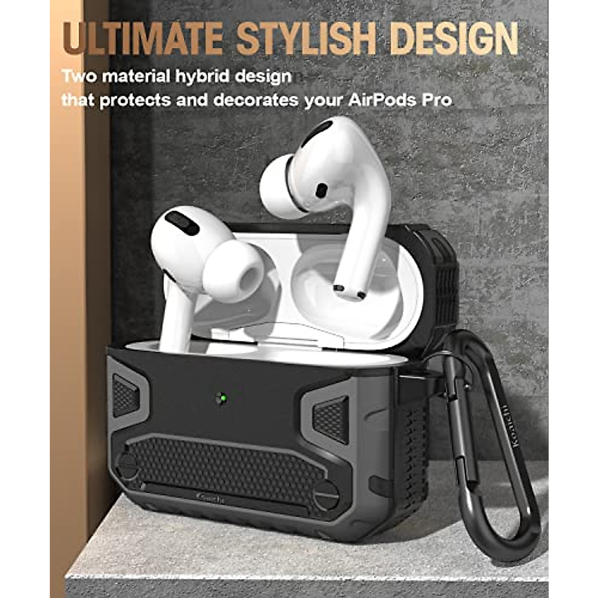 Koaichi Compatible with AirPods Pro(2nd Generation/1st Generation), Full-Body Rugged Hard Shell Protective Case Cover with Keychain Designed for AirPods Pro (2022/2019), Black