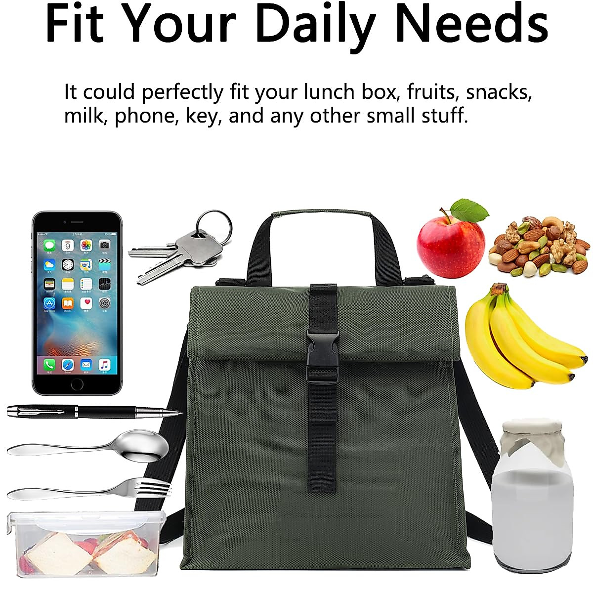 GYEUKHAM Insulated Lunch Bag for Men/Women/Kids, Roll top Reusable Lunch Box with Adjustable Shoulder Strap, Thermal Lunch Cooler Tote Container for Adults/Teens School Work Office Picnic,Army Green