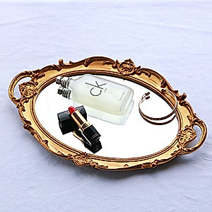 Zosenley Polyresin Ellipse Antique Decorative Mirror Tray, Makeup Organizer, Jewelry Organizer, Serving Tray, 9.8”x 14.6”, Gold