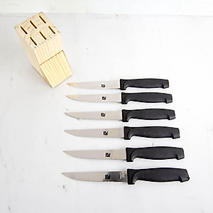 Home Basics 6 Piece Stainless Steel Knife Set with Wooden Block, Non Slip Handles, Black