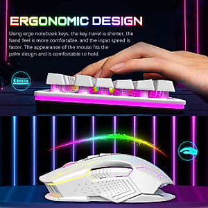 2.4G Wireless Gaming Keyboard and Mouse,Type C/USB Dual Receiver,RGB LED Backlit,Rechargeable 4200mAh,Full Size Mechanical Feel,Silent Mice,Mouse Pad for PC,Laptop,Smartphone,PS4,PS5,Xbox(White)