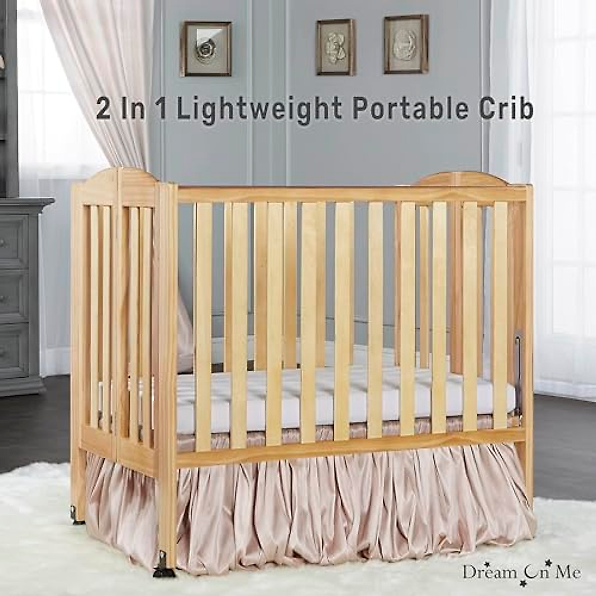 Dream On Me 2 in 1 Portable Folding Stationary Side Crib in Natural, Greenguard Gold Certified , 40x26x38 Inch (Pack of 1)