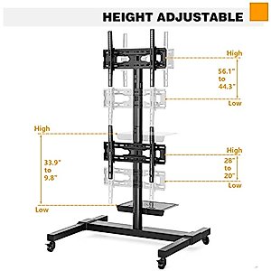 5Rcom Rolling / Mobile TV Cart with Wheels for 32 to 55 Inch LCD LED 4K Flat Curved Screen Vertical TVs-Height Adjustable Screen Tilt Rolling TV Stand for 2 TVs with Laptop Shelf Holds Up to 132 lbs